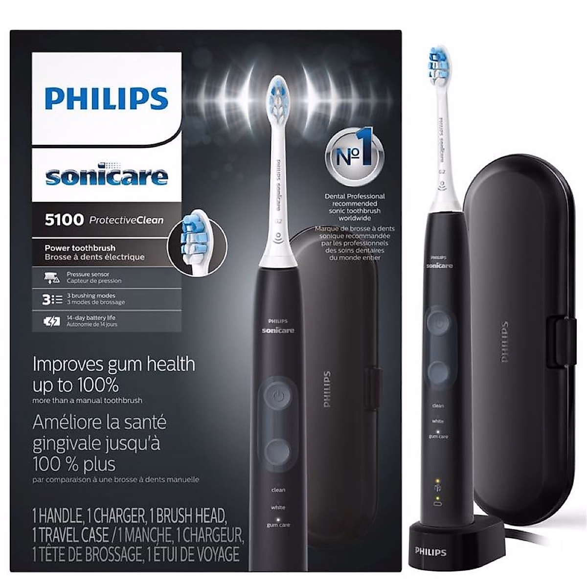 Philips Sonicare ProtectiveClean 5100 Rechargeable Electric Toothbrush, with Pressure Sensor, 3 Cleaning Modes, SmarTimer and QuadPacer, 14-Day Battery Life, Travel Case, Black, Model HX6850/60