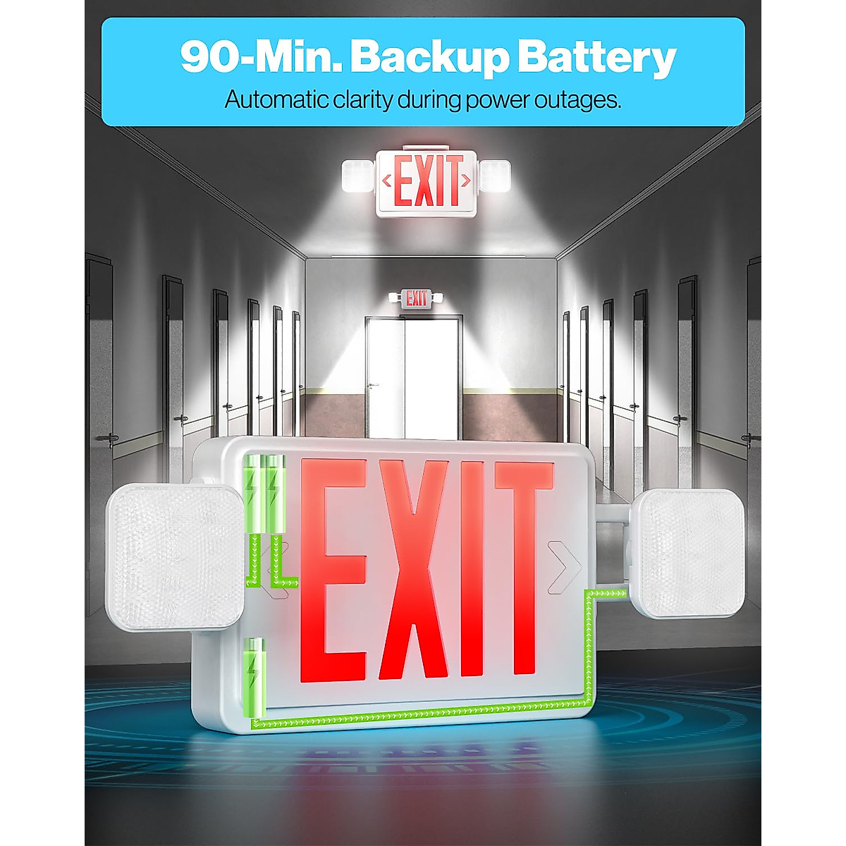 Sunco Red Exit Signs With Emergency Lights, Two Adjustable Square LED Lights, 94V-0 Fire Resistant, Backup Battery, 120-277V, Wall Or Ceiling Mount, Commercial Grade Double Sided UL 2 Pack