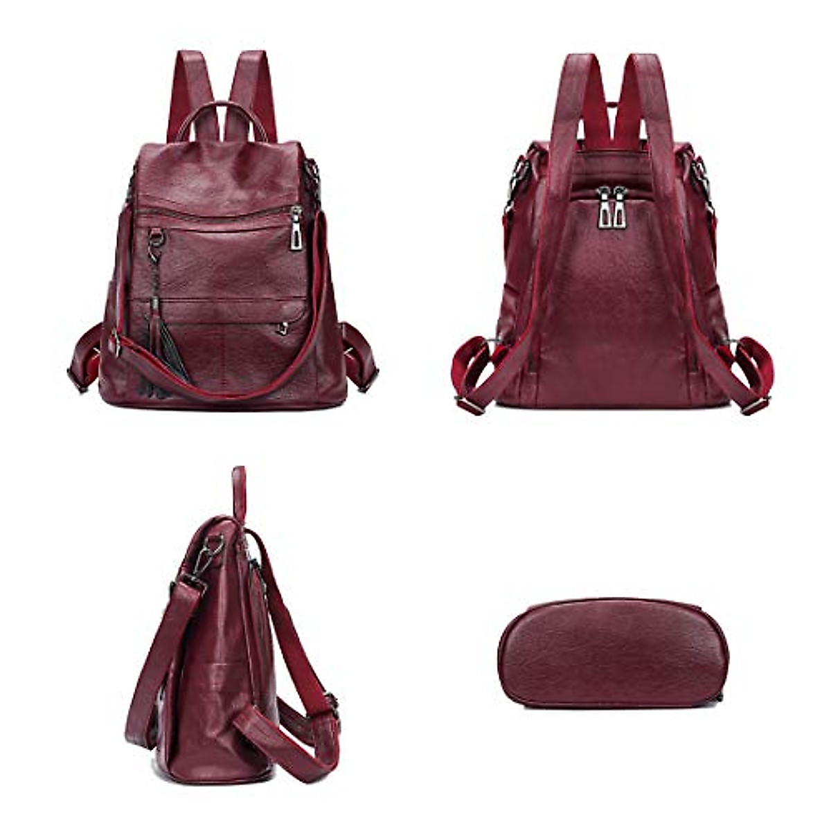 Alovhad Backpack Purse for Women Fashion PU Leather Anti-Theft Shoulder Bag Designer Tassel Rucksack Ladies Tote Handbag (Wine Red)