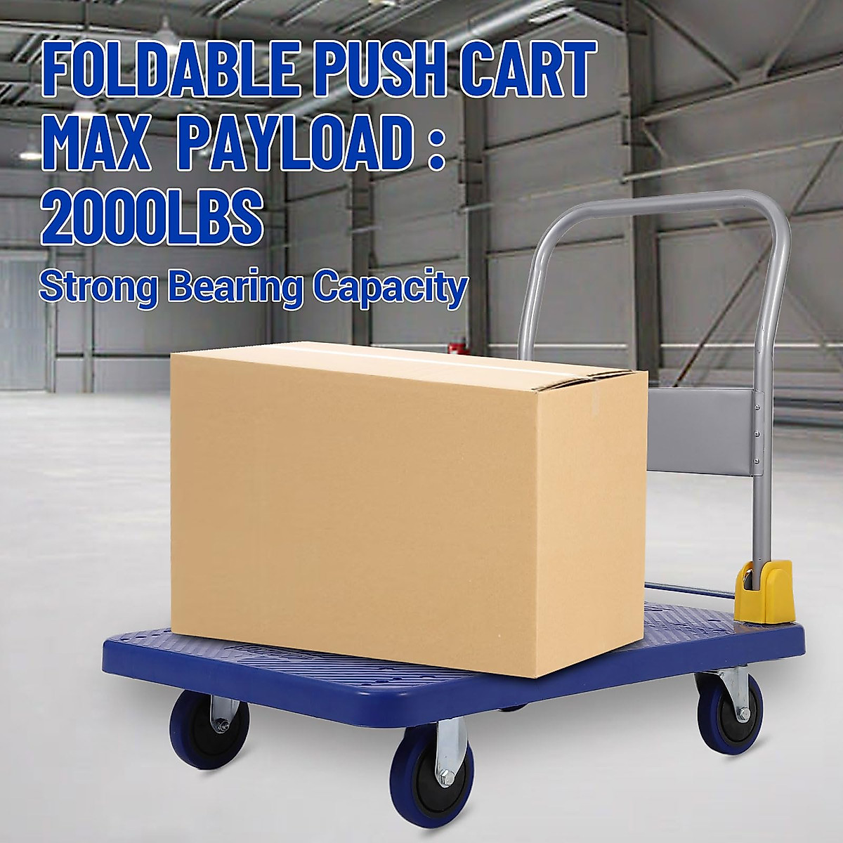 GarveeTech Platform Trucks Cart 2000LBS, Foldable Steel Hand Push Cart Dolly with 4" Rubber Wheels, Heavy Duty Flat Cart 48" x 24" for Loading and Moving, Home Office Warehouse