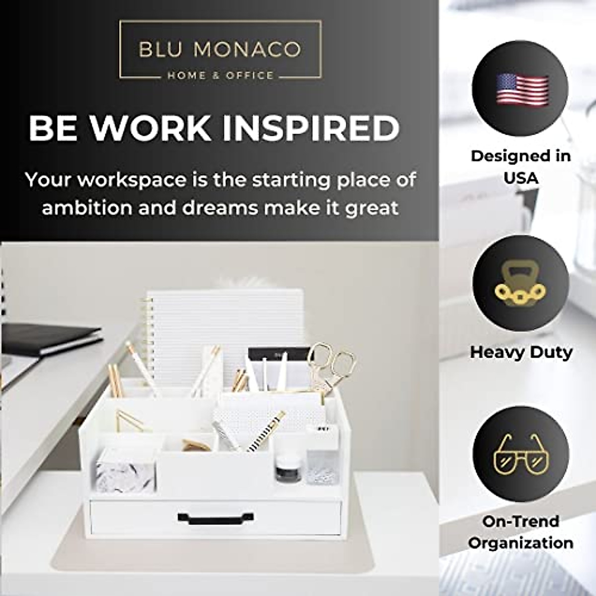 White Wooden Large Desk Organizer with Drawer - Office Supplies Desk Organizer for Desk - Desktop Organization - Office Desk Accessories and Organizer - Home Office Desk Organizer - White Wood