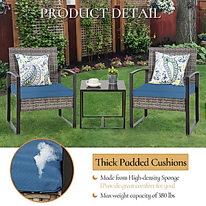 Seogwisam 3 Pieces Patio Furniture Set, Outdoor Wicker Conversation Bistro Set w/ 2 Chairs, 2 Cushions, Glass Coffee Table for Garden Balcony Backyard Porch Lawn - Grey Wicker & Blue Cushions