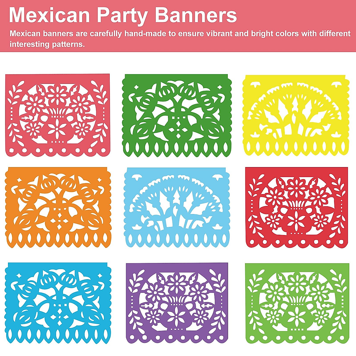 RUBFAC 2pcs Mexican Party Banner, 32 Feet Plastic Fiesta Banner Cinco de Mayo Dia De Los Muertos Decor Day of The Dead Papel Picado Decorations Mexican Fiesta Garland for Mexican Party Supplies