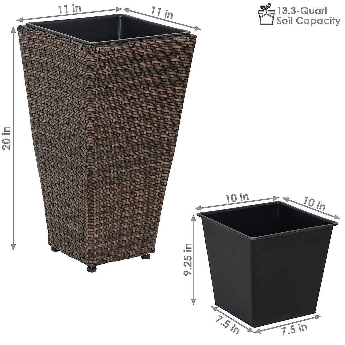 Sunnydaze Tall Square Polyrattan Indoor/Outdoor Planter - 20-Inches Tall - Set of 2 - Brown