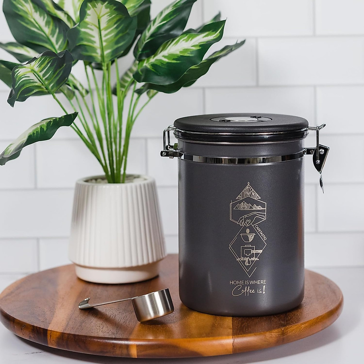 CafetastiQ 38oz / 22oz Coffee Canister – Airtight Stainless Steel Storage Container with Date Tracker & Scoop, Sealed Jar for Grounds, Beans, Tea, Flour, Cereal, and Sugar (Gray Home, 22OZ)