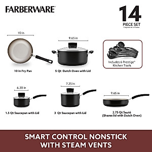 Farberware Smart Control Nonstick Cookware Pots and Pans Set, 14 Piece, Black