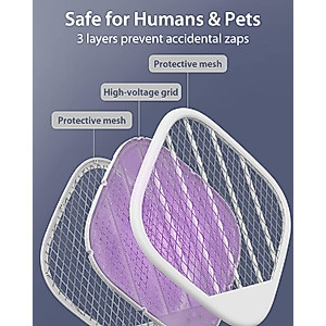 Electric Fly Swatter Racket Fly Zapper - Powerful 4000V Mosquito Zapper Racket & Night Bug Zapper 2 Modes, Foldable Hanging Standing Handheld Rechargeable Fly Killer, 3-Layer Safe for Humans Pets