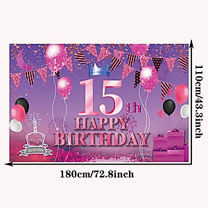 Happy 15th Birthday Backdrop Banner Pink Purple 15th Sign Poster 15 Birthday Party Supplies for Anniversary Photo Booth Photography Background Birthday Party Decorations, 72.8 x 43.3 Inch