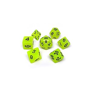 Glow in The Dark Polyhedral Dice Set - 7 Piece Dice Set with One D20, D12, D10, D8, D6, D4, and D00 (Yellow with Black Font)