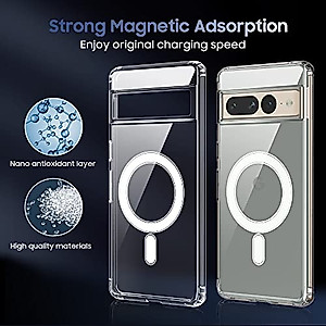 MAKAVO for Pixel 7 Pro Case, Magnetic Case Compatible with MagSafe, Slim Thin Hard Back & Soft Edges Crystal Clear Cover Shockproof Phone Shell with Camera Lens Protector