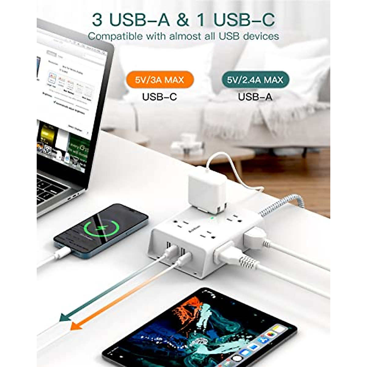 Surge Protector, Outlet Extender with Night Light, Addtam 5-Outlet Splitter and 4 USB Ports and 10Ft Surge Protector Power Strip with 8 AC Outlets and 4 USB Ports(1 USB C), for Home, Office and Dorm
