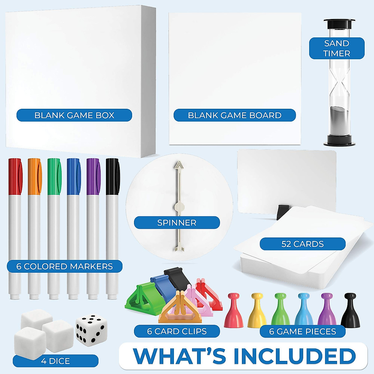 KEFF Make Your Own Board Game Set - DIY Blank Game Board Kit with Game Pieces, Blank Cards, Dice, Spinner, Pawns & More - Fun Family Board Games for Kids & Adults