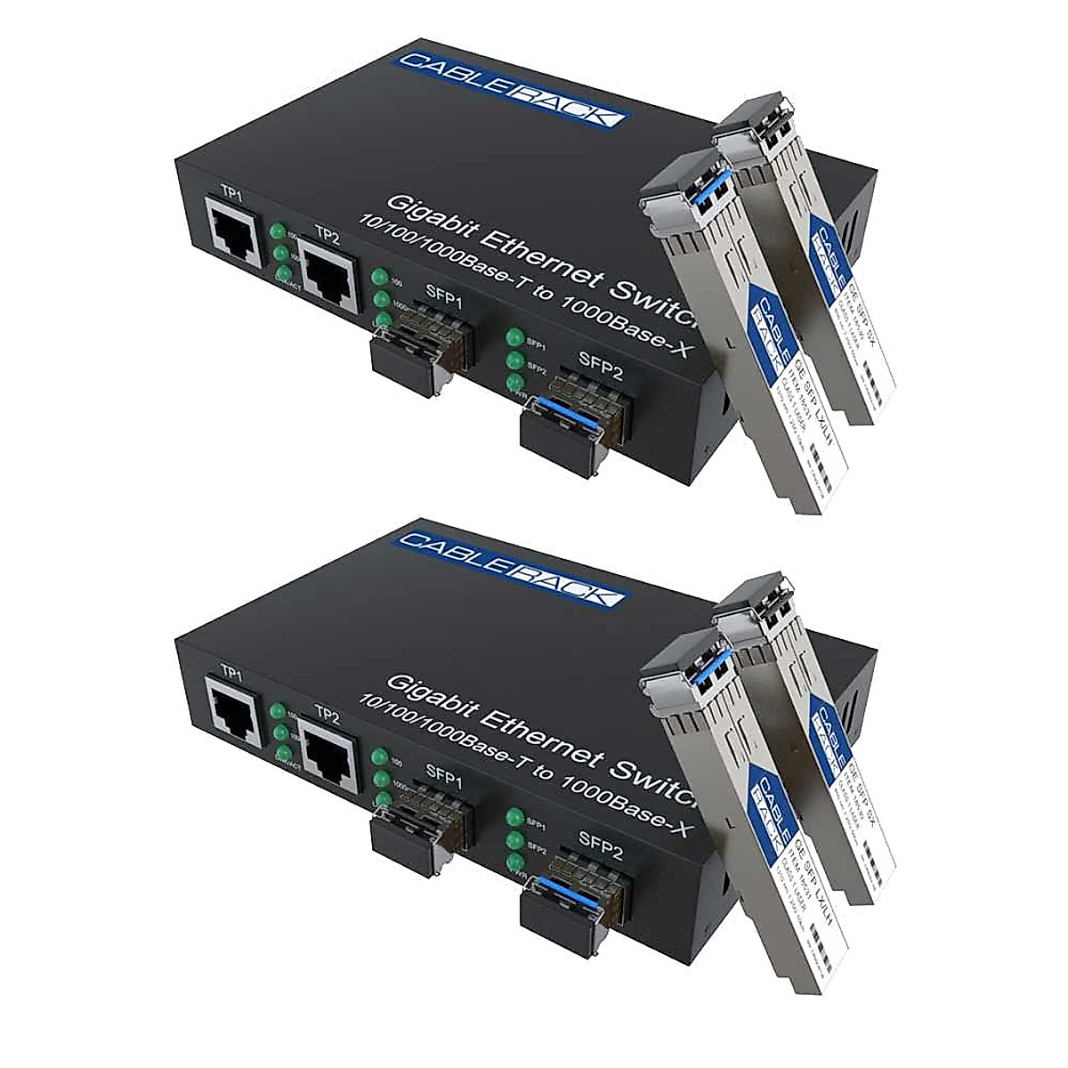 CableRack Gigabit Media Converter Multimode to Singlemode All-in-one (3 Configurations) Fiber Switch with Dual 10/100/1000M Ethernet Ports (2 Pack)