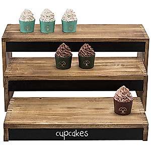 MyGift 3-Tier Rustic Burnt Dark Brown Wood Cake/Dessert Display Riser Stands with Chalkboard Panels