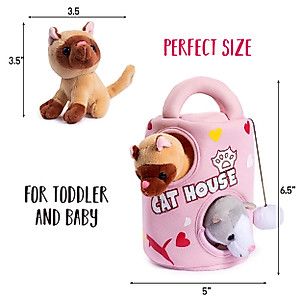 Plush Creations Talking Plush Cat House for Kids Includes Plush Cat House Carrier with 4 Soft Stuffed Talking & Meowing Kittens & A Cat Plush Milk Bowl Best Interactive Toy for Babies Or Toddlers