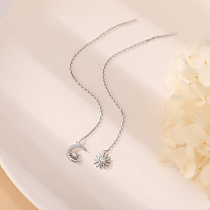Crystal Crescent Moon Star Tassel Threader Chain Earrings S925 Sterling Silver Asymmetrical Dainty CZ Crystal Dangling Sun Long Chains Earring Jewelry for Women Girls (White Gold)