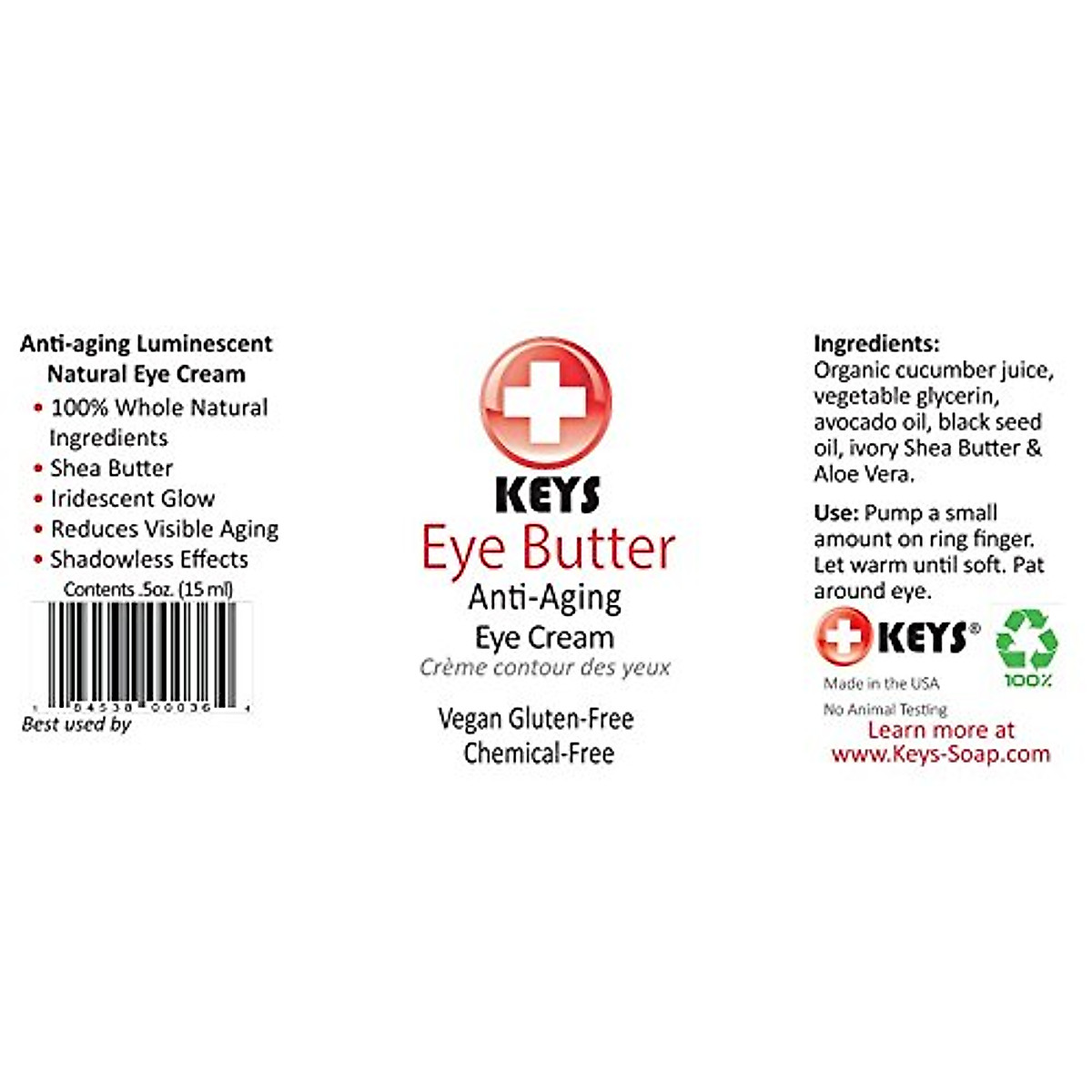 Keys Eye Butter Luminescent Natural, Vegan, Chemical-Free Moisturizing Eye Cream for Sensitive Skin in Airless Travel Pump – with Whole Cucumber Extract, Aloe Vera, Avocado Oil, and Shea, 0.5 ounces
