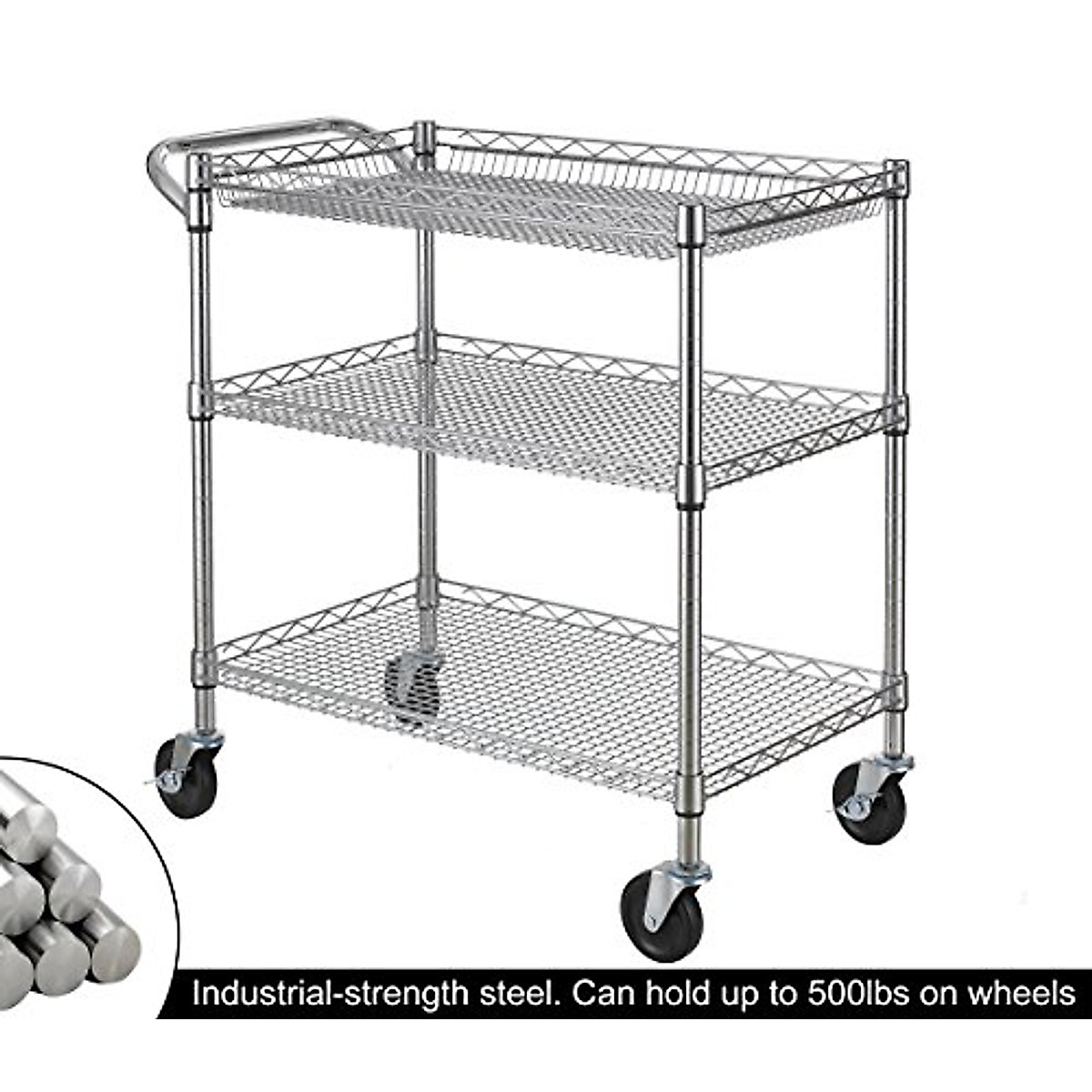 Finnhomy 3 Tier Heavy Duty Commercial Grade Utility Cart, Wire Rolling Cart with Handle Bar, Steel Service Cart with Wheels, Utility Shelf Plant Display Shelf Food Storage Trolley, NSF Listed
