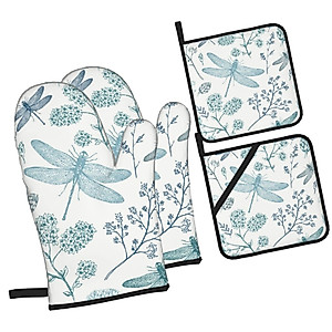 Dragonfly Oven Mitts and Pot Holders Sets,Washable Heat Resistant Kitchen Non-Slip Printed Grip Oven Gloves for Microwave BBQ Cooking Baking Grilling