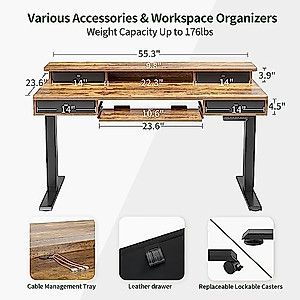FEZIBO Height Adjustable Electric Standing Desk with 4 Drawers and Keyboard Tray, 55 x 24 Inch Table with Storage Shelf, Sit Stand Desk with Splice Board, Rustic Brown