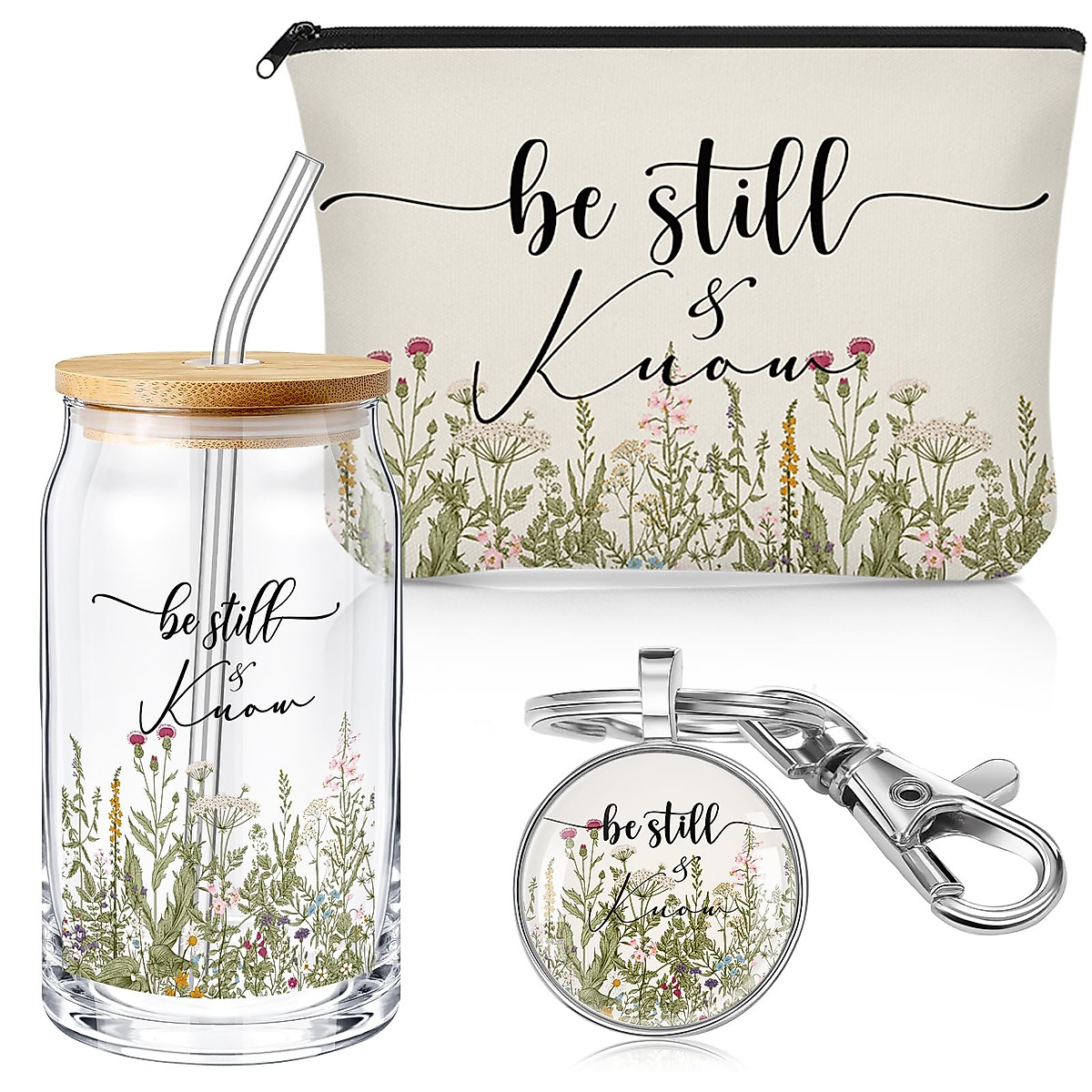 Ziliny 3 Pcs Christian Gifts for Women Be Still and Know Religious Gifts 16 oz Glass Cups with Lid Inspirational Scripture Keychain Bible Verse Cosmetic Bag Gifts for Teacher Student(Flower)