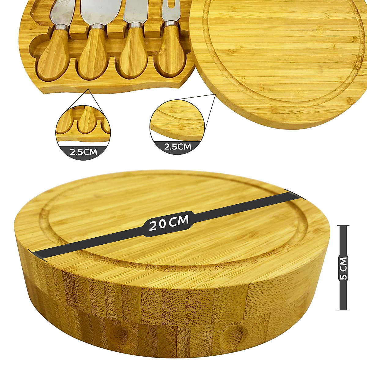 Cheese Board with Cheese Tools Round Cutlery Set Bamboo Charcuterie Board Set With 4 Knives Comes with Slide Out Drawer Platter Serving Tray Durable Best Gift for Wedding Birthday Housewarming (20)