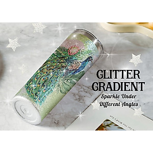 Onebttl Peacock Skinny Glitter Tumbler Gifts For Women, Female and Her - Peacock - 20oz/590ml Stainless Steel Insulated Tumbler with Straw, Lid - Gift for Peacock Lovers - Green