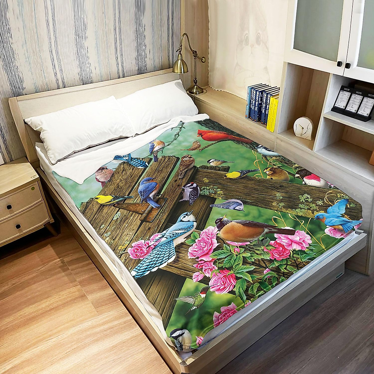 KLRIGR Soft Cozy Fleece Throw Blanket for Couch, Birds and Flowers, 50X60 Inches