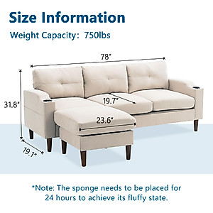 Dolonm L-Shape Modern Sofa, Sectional Couch with Built-in USB Port and Convenient Cup Holder, 3-Seater Sofa with Storage Ottoman, Couch for Living Room, Office, Apartment, Beige