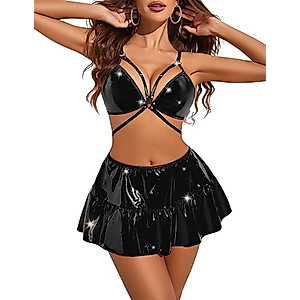 Avidlove Cosplay Lingerie for Women 3 pack Leather Lingerie Set Latex Role Playing Costume Outfits Black
