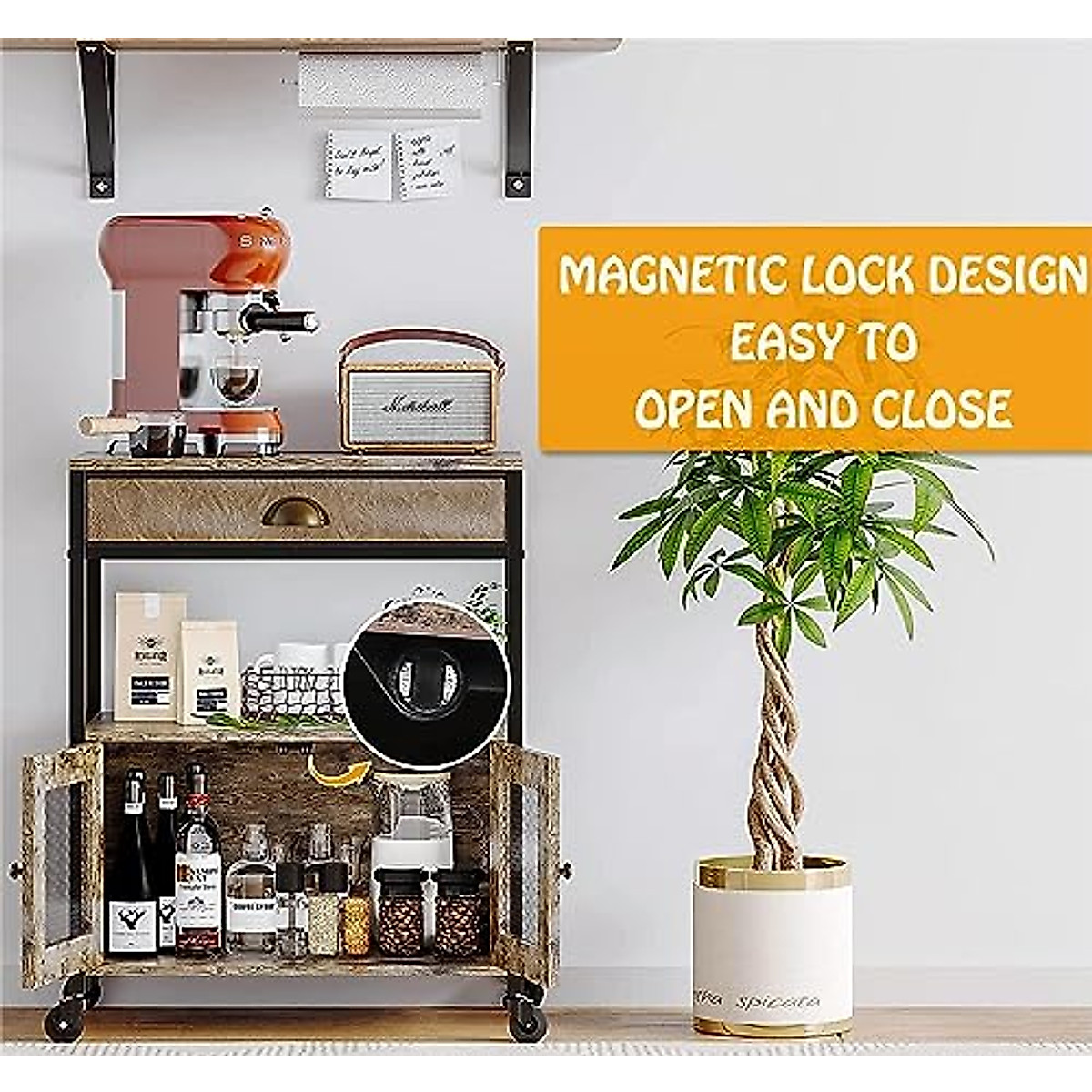 X-cosrack Coffee Bar Cabinet，3 Tiers Kitchen Coffee Cart with Drawer for The Home Buffets & Sideboards, Movable Farmhouse Coffee Station Table on Wheels for Living Room, Entryway, Dining Room, Kitchen