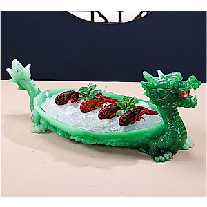 2 PCS Resin Dragon Sushi Boat Serving Tray Set, 21.3Inch Seafood Plate, Japanese Food Tableware, Salmon Platter, Dry Ice Plate, Large Sushi Boat Plate for Sashimi Board Seafood Party, Gold/Green