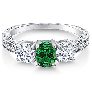 Gem Stone King 925 Sterling Silver Oval Green Simulated Emerald 3 Stone Ring | 2.22 Cttw | 3 Stone Wedding Engagement Anniversary Promise Ring For Women (Size 7)