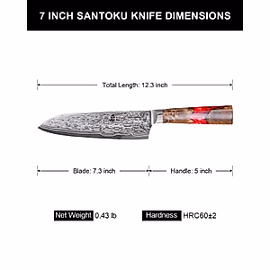TUO Chef Knife 7 Inch - Japanese Santoku Knife Kitchen Knives, AUS-10 Damascus Steel 45-Layer Hand Forged Resin Handle with Gift Box