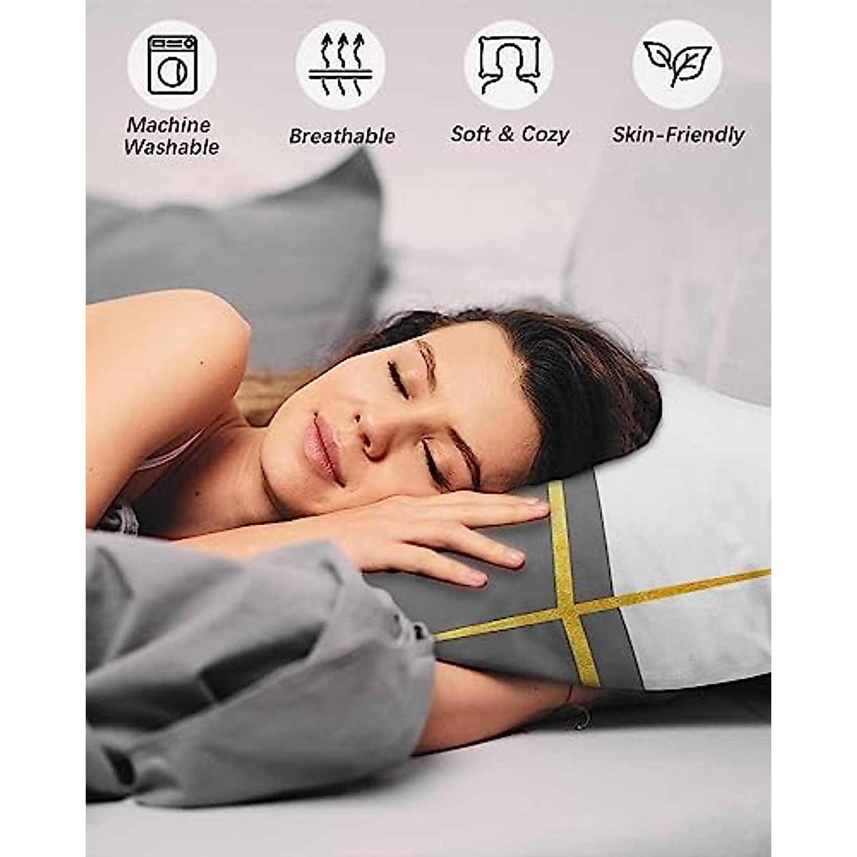 Edwiinsa Grey White Pillow Covers Standard Size Set of 2 20x26 Bed Pillow, Luxury Yellow Lace Modern Abstract Art Aesthetics Plush Soft Comfort for Hair/Skin Cooling Pillowcases with Envelop Closure