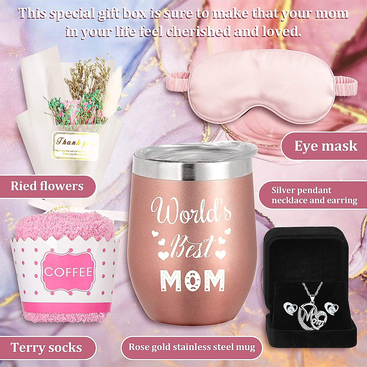Whaline Gift Box for Mom 10pcs Mother's Day Gift Set Including Necklace Earrings Jewelry Box Socks Vacuum Flask Eye Mask Earplug Greeting Card Dried Flower Bundle for Mom's Day Birthday Present