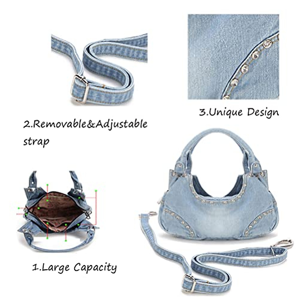 Arnosoar Denim Shoulder Bag Women Hobo Handbag Casual Fashion Tote Top-Handle Satchel Washed Blue