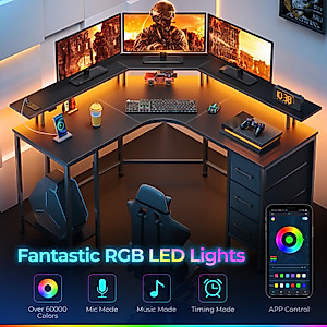 Seventable Corner Desk with Power Outlets & 3 Drawers, 44.6" Reversible Small L Shaped Computer Desk with LED Lights, Gaming Desk with Storage Shelves, Home Office Desk with Monitor Stand, Black