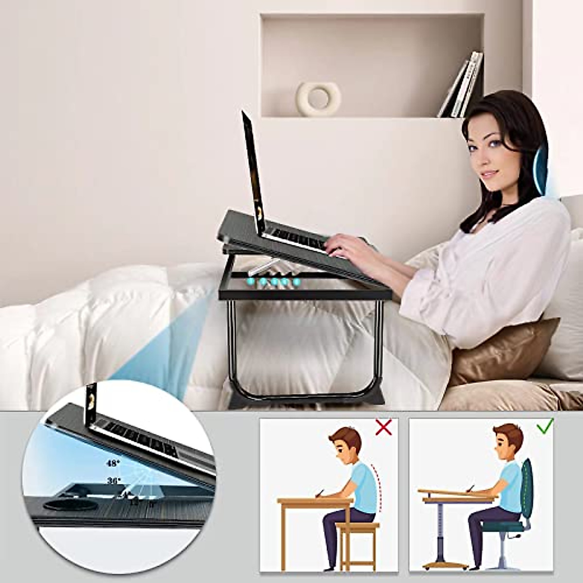 Laptop Desk for Bed Couch,Lap Desk for Laptop,Portable Laptop Stand for Desk,Small Adjustable Laptop Desk,Foldable Bed Table for Laptop and Writing, Bed Tray Table with Cup Holder(Black)