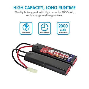 Tenergy 9.6V Airsoft Battery and Charger, 2000mAh NiMH Nunchuck Battery w/Mini Tamiya Connector for Airsoft Guns M249, M240B, M14, RPK, PKM, L85, AUG, G3