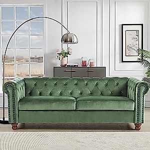Asucoora Upholstered Chesterfield Tufted Velvet Sofa Couch for Living Room, Rolled Arm 3-Seater Sofa Couch with Nailhead Trim and 2 Neck Roll Pillows