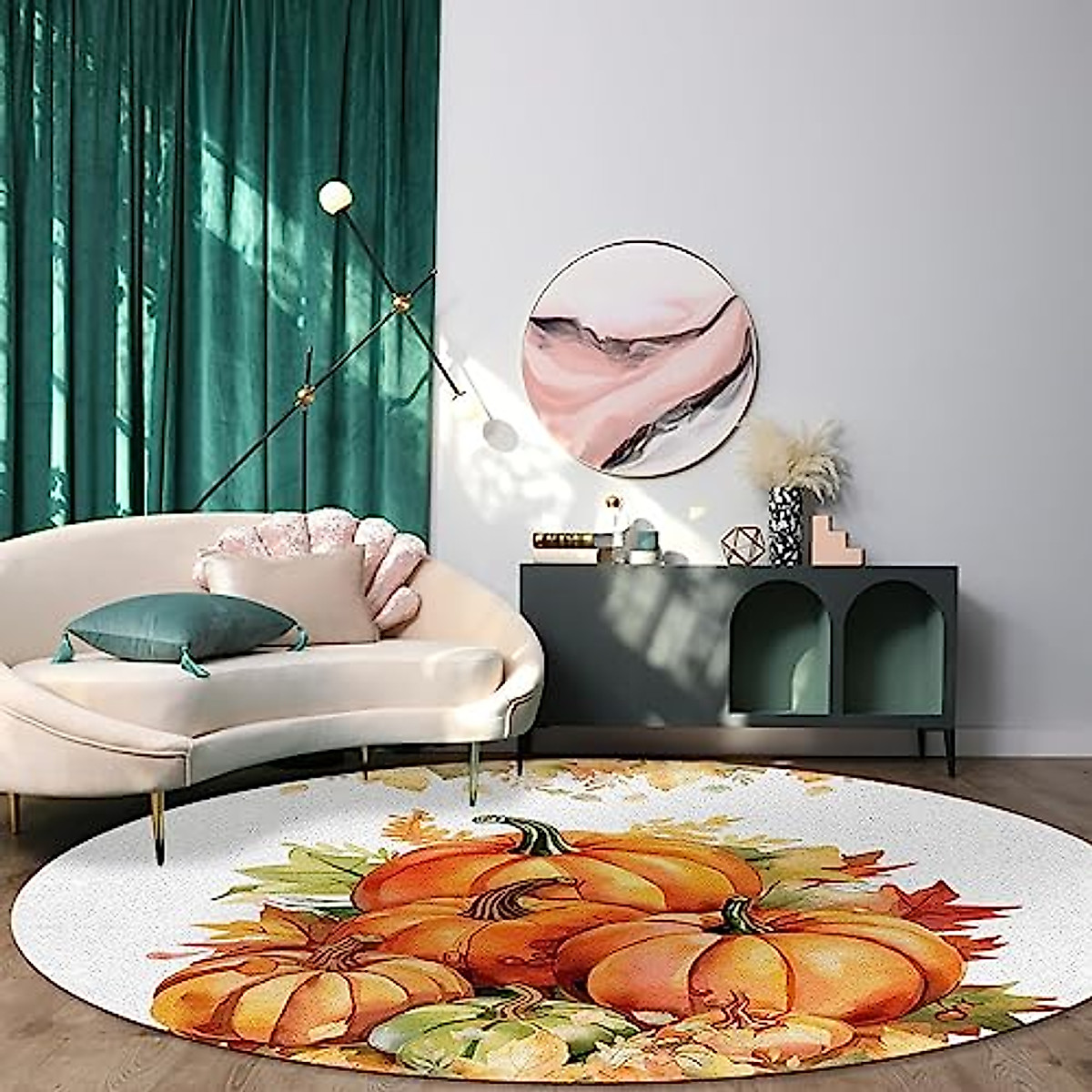Autumn Pumpkins Round Area Rug 3ft,Washable Outdoor Indoor Carpet Runner Rug for Bedroom,Kitchen,Living Room,Office,Area+Rug Small Bath Door Desk Floor Mat Thanksgiving Eucalyptus Maple Leaves