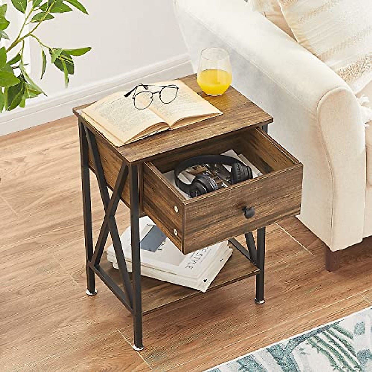 VECELO Nightstands Set of 2, Modern Bedside End Tables, Night Stands with Drawer and Storage Shelf for Living Room Bedroom, Industrial Metal Frame, Brown