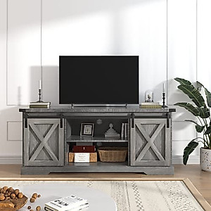 St.Mandyu Farmhouse TV Stand for TVs up to 65 inch, Wood Entertainment Center with Sliding Barn Doors, Media Console Storage Cabinets with Adjustable Shelves for Living Room Bedroom Office, Grey