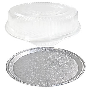 12" Round Flat Aluminum Foil Catering Tray w/Dome Lid - Disposable Cater Serving Pan (Pack of 10 Sets)