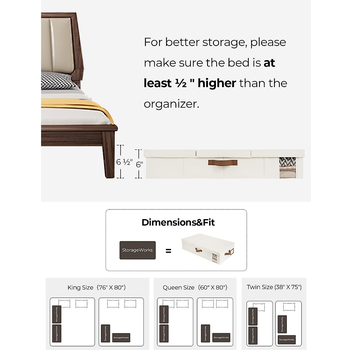 StorageWorks Under Bed Storage with Lid, Underbed Storage Containers with Handles, Underbed Organizer for Bedroom, Foldable Clothing Storage Bins, Box for Blankets, Large, Beige, 2-Pack