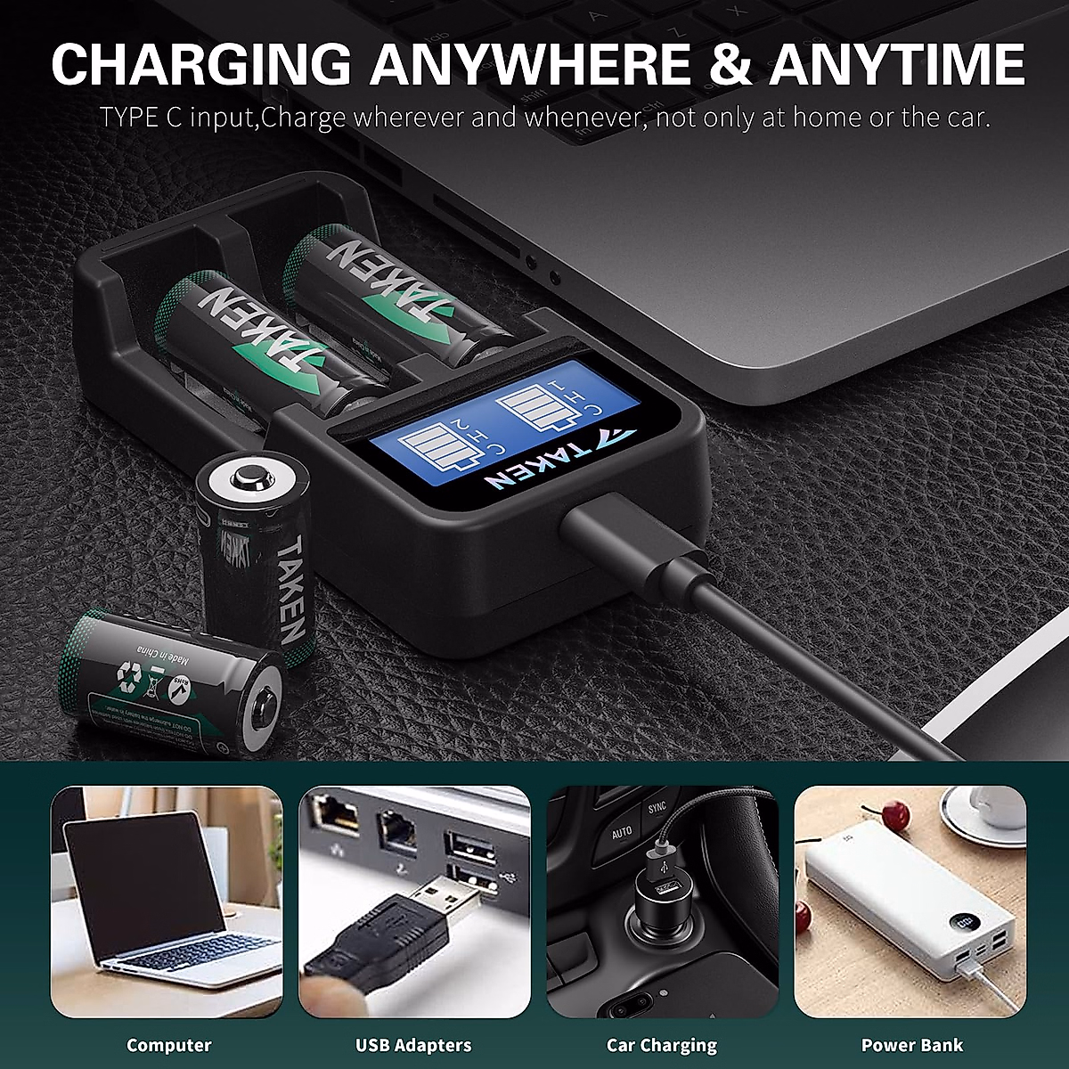 AA Battery Charger, Taken Universal Battery Charger for 18650 AAA 16340 CR123A 18490 18350 17670 17500 14500 Ni-MH/Ni-Cd Batteries (2 Slots)