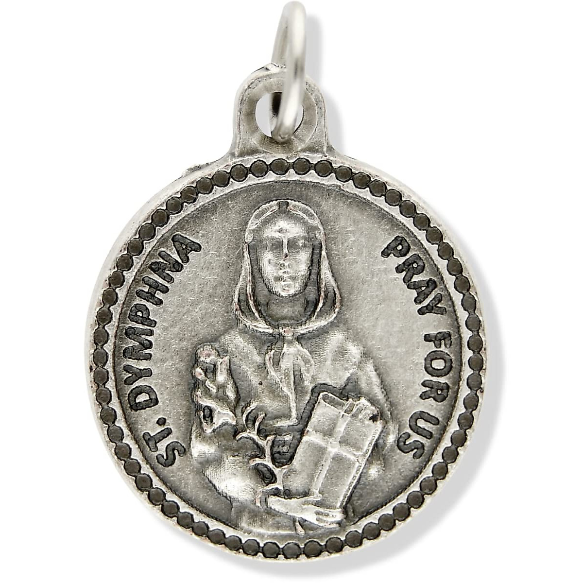 Saint Dymphna Necklace Patron Saint of Anxiety, Stress, and Mental Health Catholic Jewelry - Silver Oxidized Round 7/8" St Dymphna Medal with 24" Adjustable Hypoallergenic Ball Chain - Made in Italy