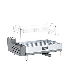 Kitsure 2-Tier Dish Rack, Large Capacity, Stainless Steel, Dish Drying Rack with Drainboard, Multifunctional Kitchen Dish Rack for Dishware