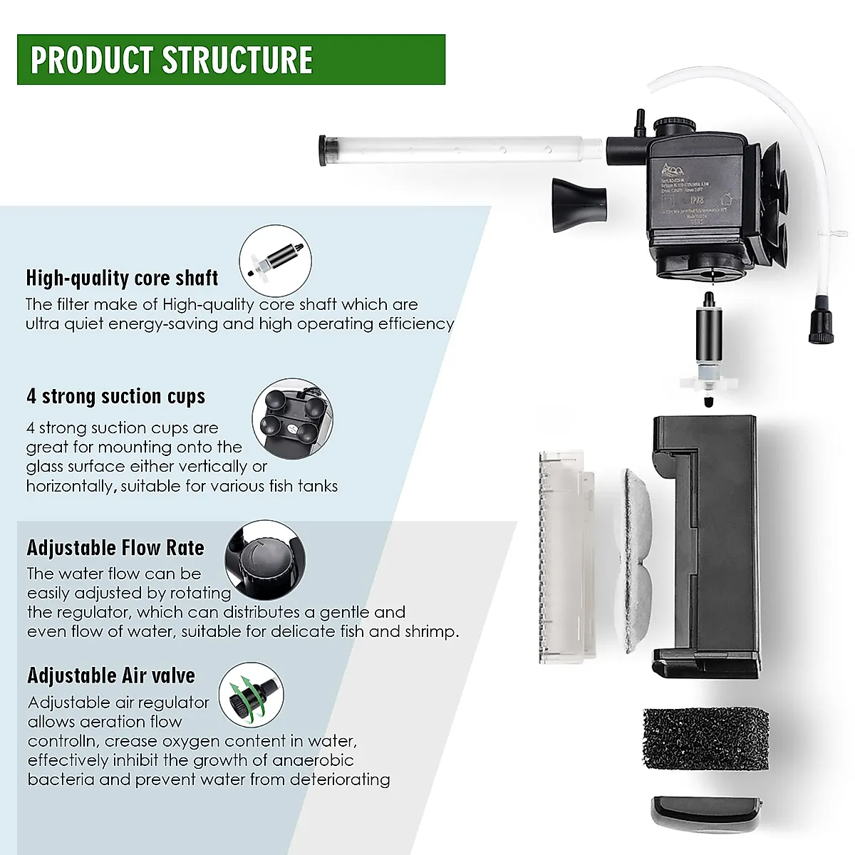 AQQA Aquarium Internal Filter Submersible Power Filter in-Tank with Adjustable Water Flow, Ultra Silent Sponge Filter for Fish Tank Water Crystal Clear